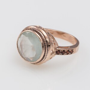 Round Aquamarine Ring With Garnet in Rose Gold - March Birthstone Ring ...