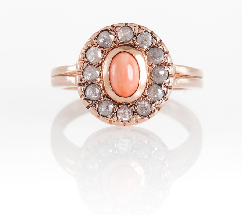 Rose Cut Diamonds and Coral Ring - Gemstone Coral Ring - Rose Cut ...