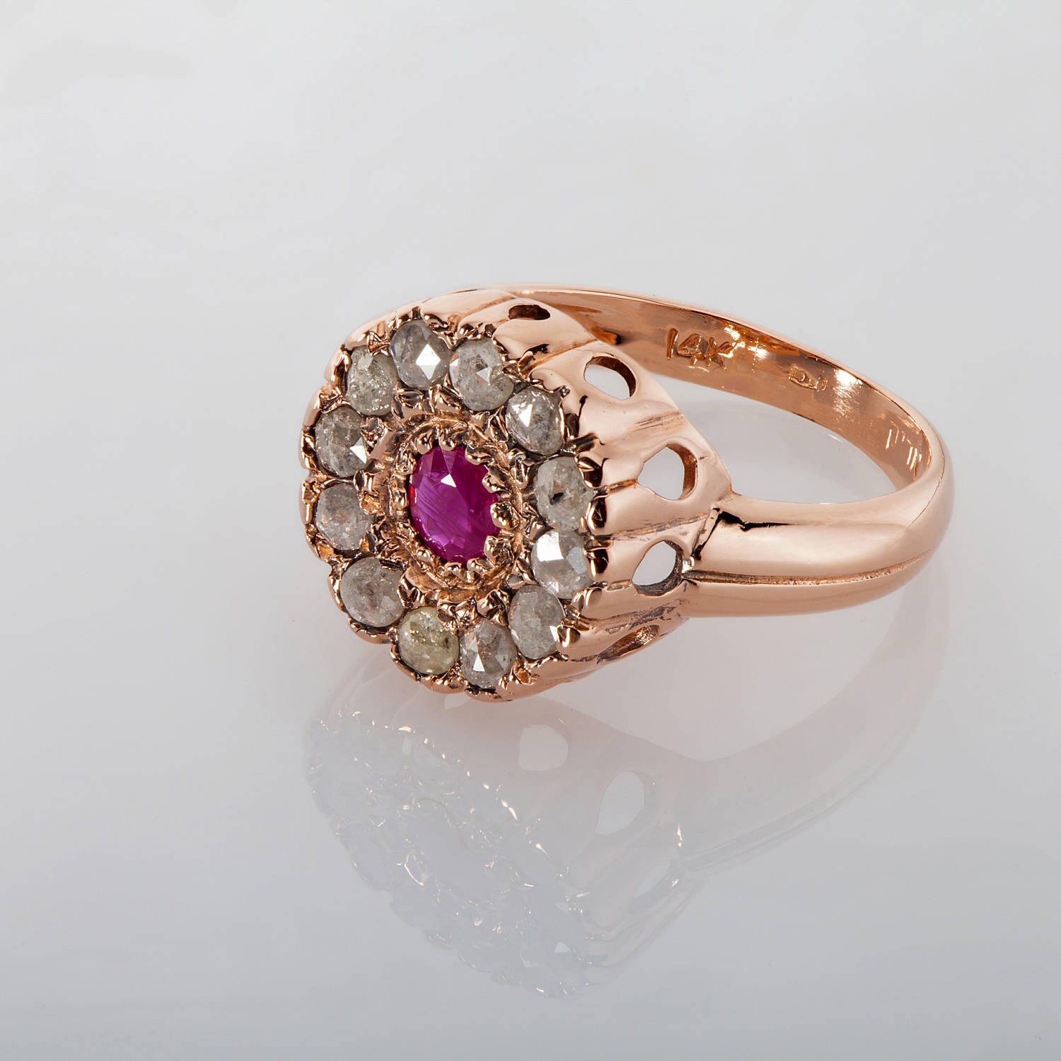Pink Ruby Gold Ring - Flower Ring Rose Cut Diamonds - July Birthstone ...