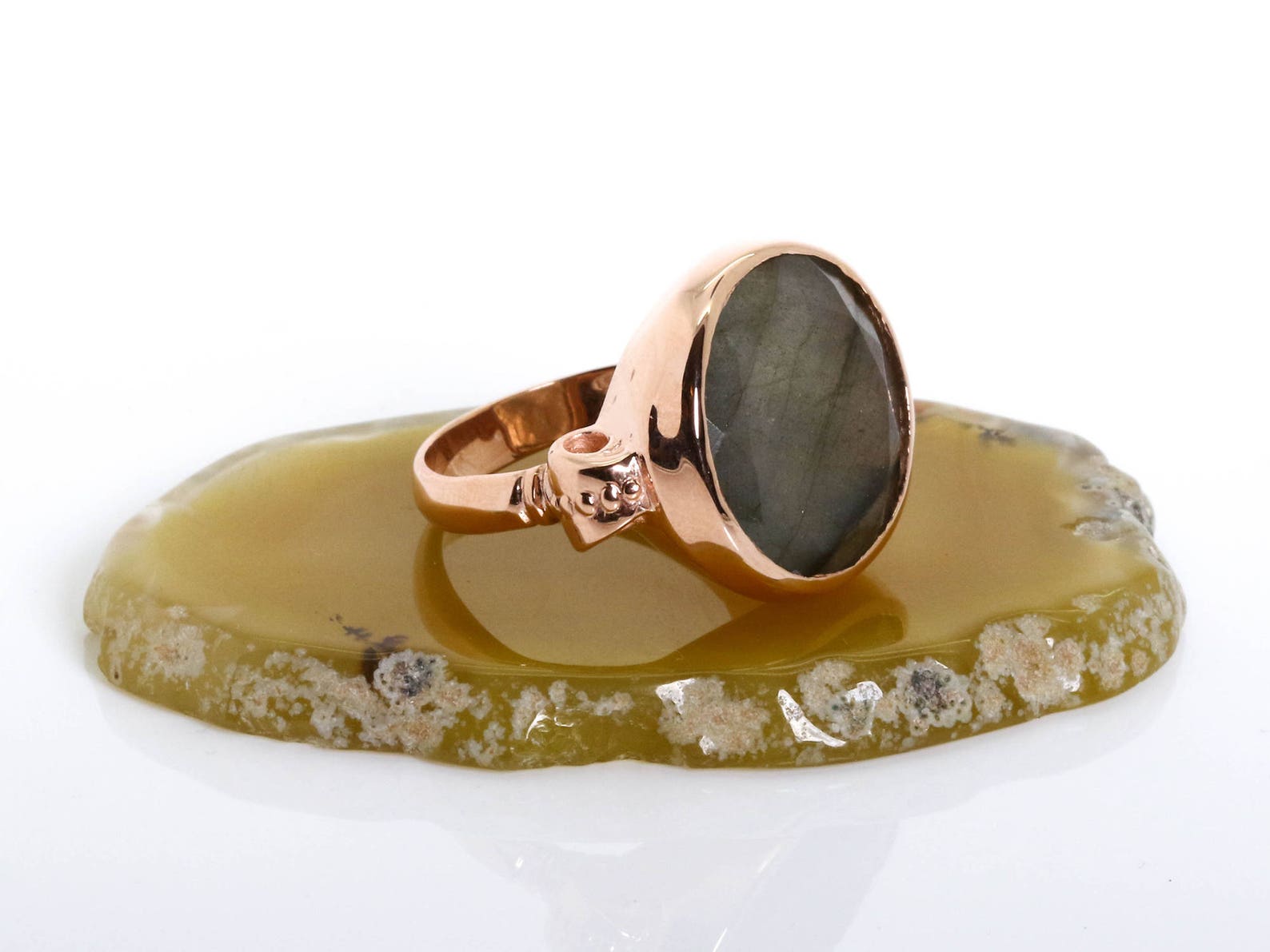 Round Labradorite Ring 14K Solid Gold - Brown Statement Ring - Zodiac ...