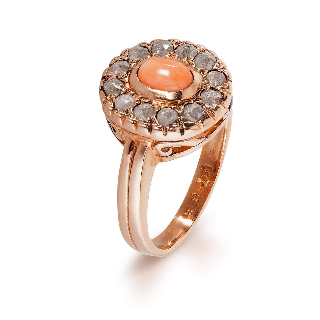 Rose Cut Diamonds and Coral Ring - Gemstone Coral Ring - Rose Cut ...