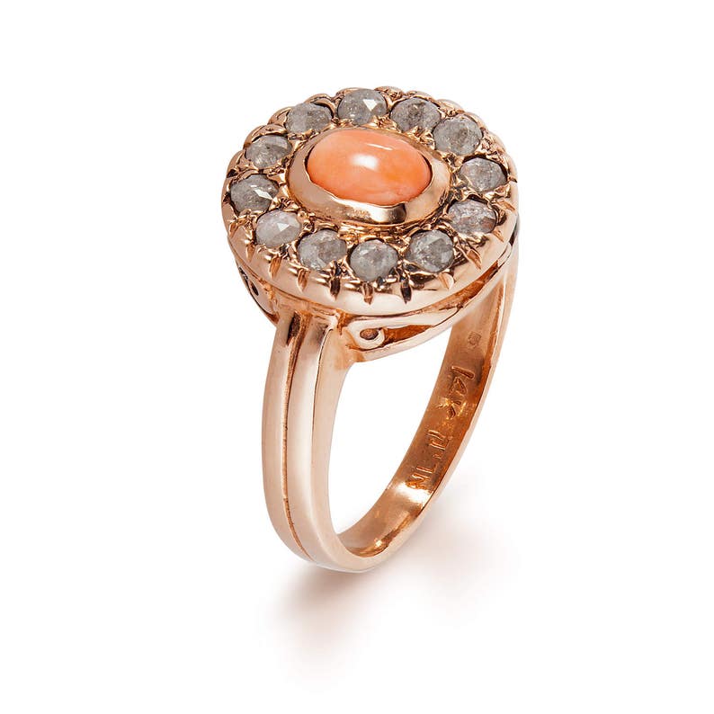 Rose Cut Diamonds and Coral Ring - Gemstone Coral Ring - Rose Cut ...
