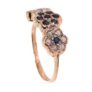 3 Flowers Ring - Diamonds and Sapphire Ring - Rose Cut Diamonds Flower ...