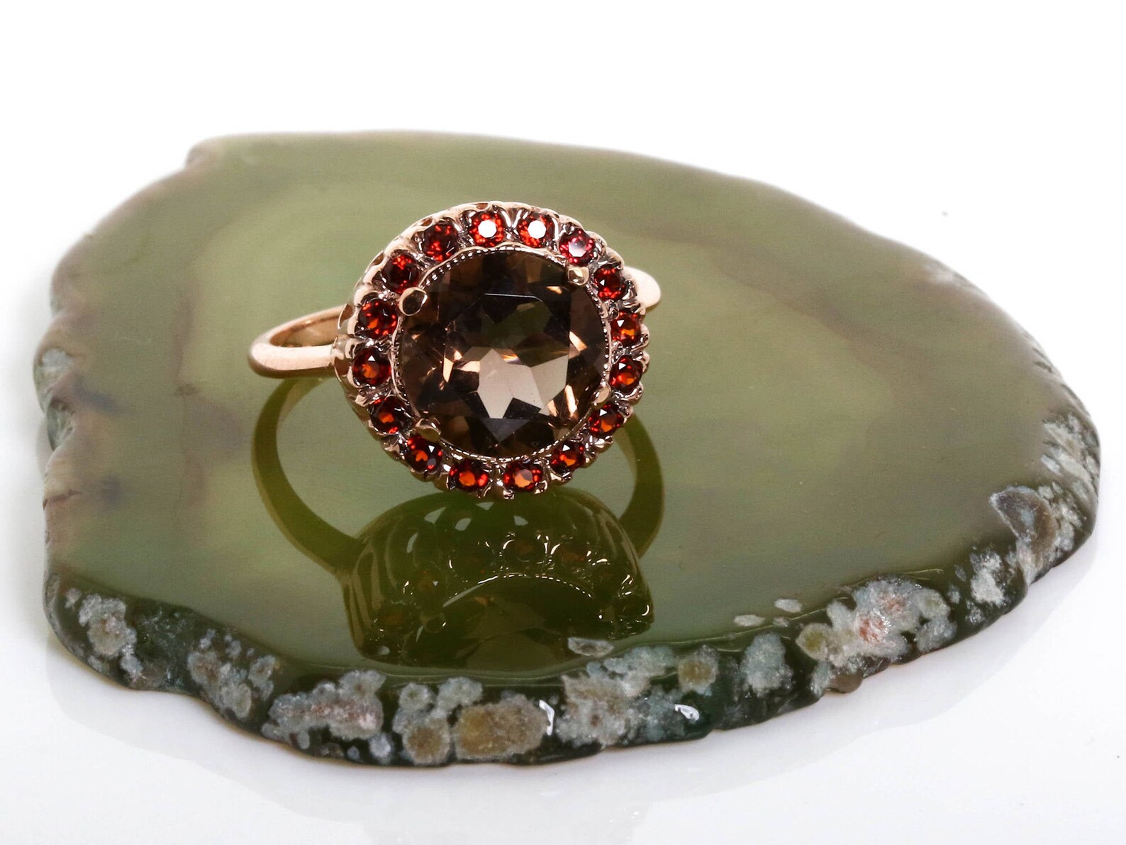 Round Smoky Topaz Ring Topaz and Garnet Gold Ring Vintage - Etsy