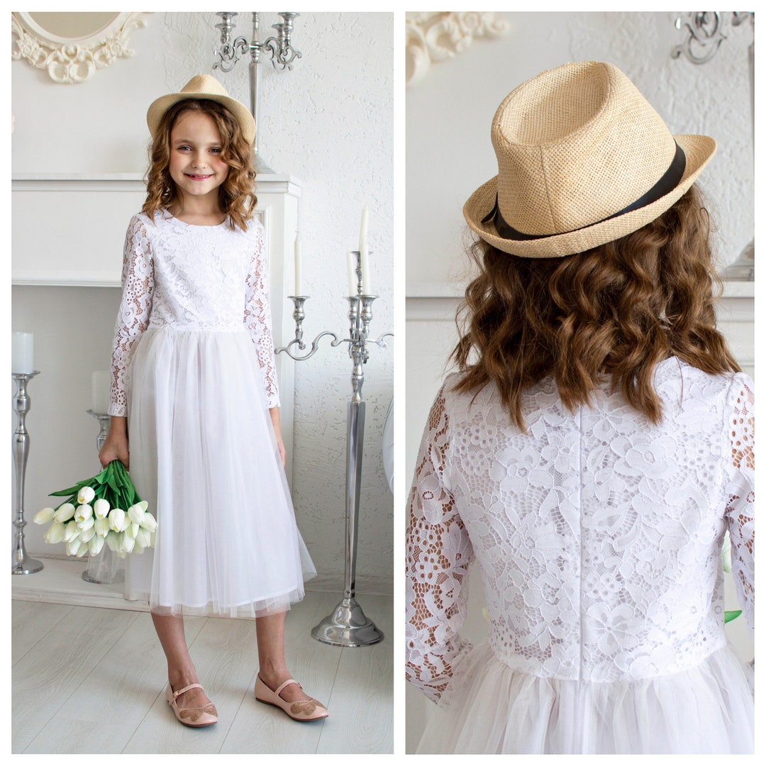 White Lace Flower Girl Dress: Long Sleeve Tulle Gown - Etsy