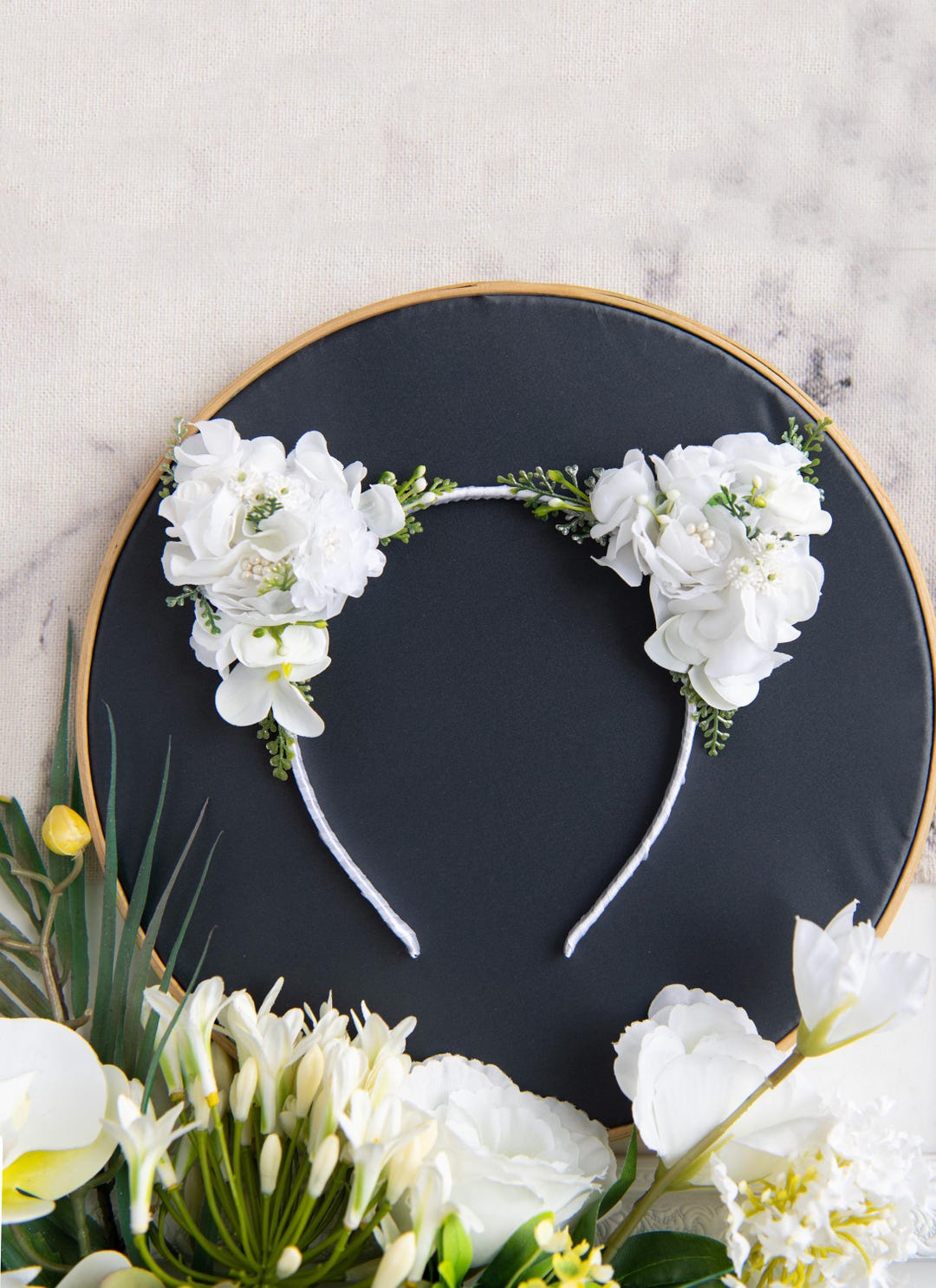 Floral Cat Ear Headband: White & Greenery Crown, 3D Printed Base - Etsy