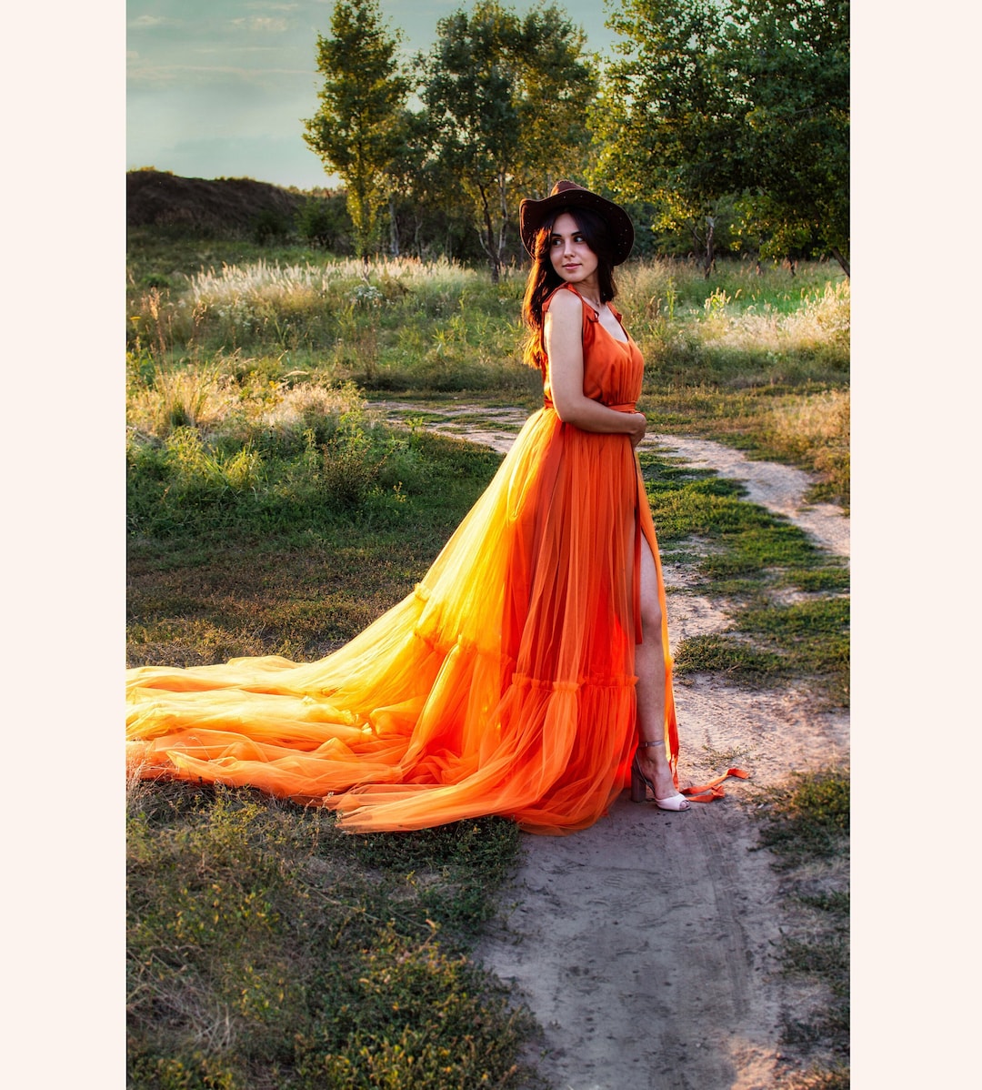 Orange Tulle Gown: Autumn Photoshoot Dress With Slit - Etsy