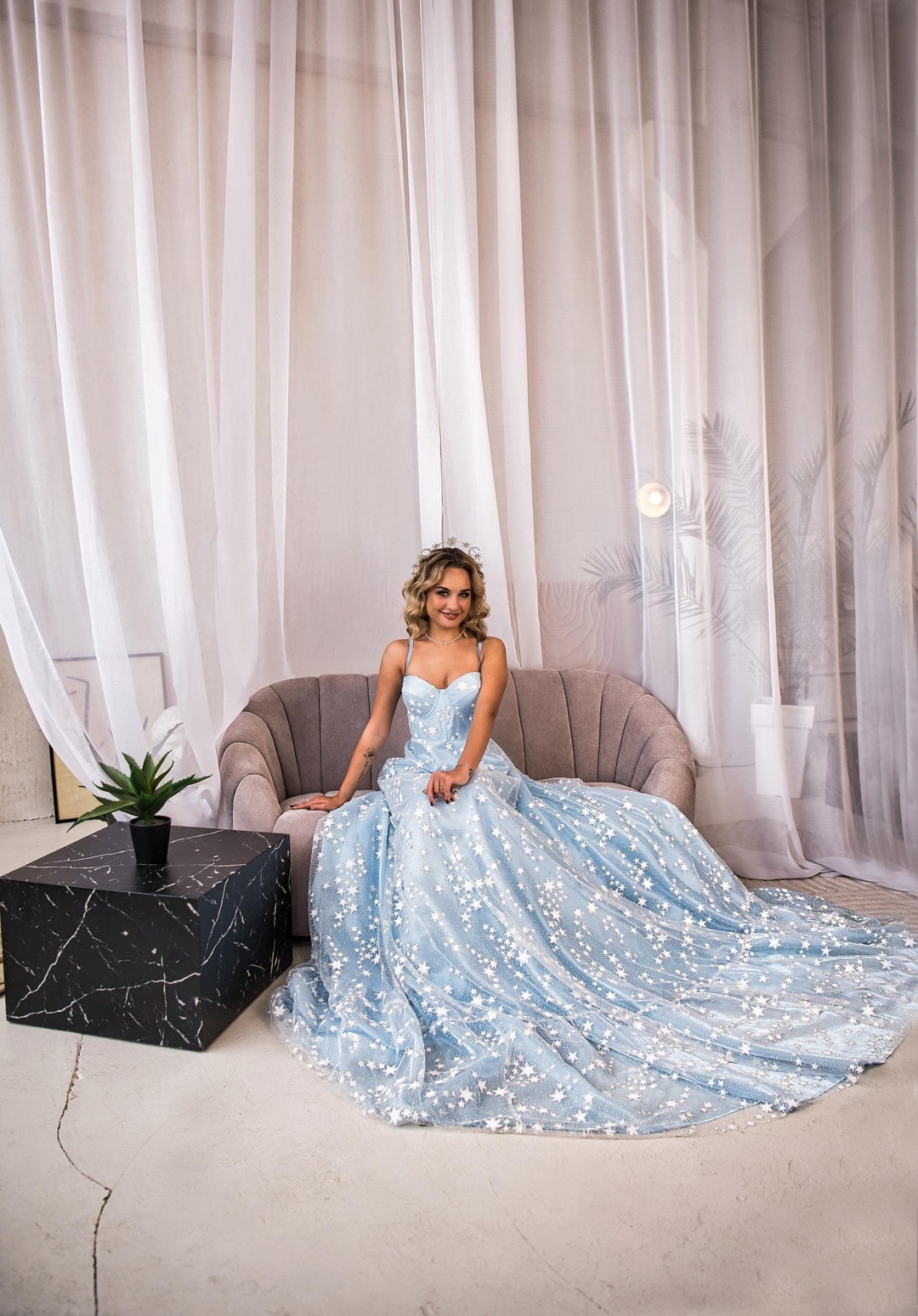 Glitter Star Wedding Dress: Handmade Blue Bridal Corset Gown - Etsy