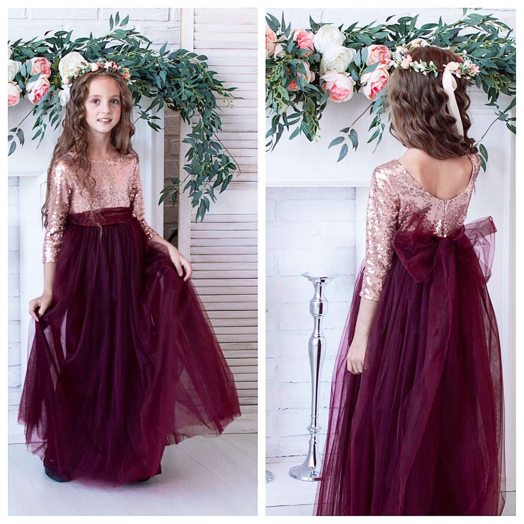 Sequin Flower Girl Dress: Burgundy Tulle, Long Sleeves, Handmade - Etsy