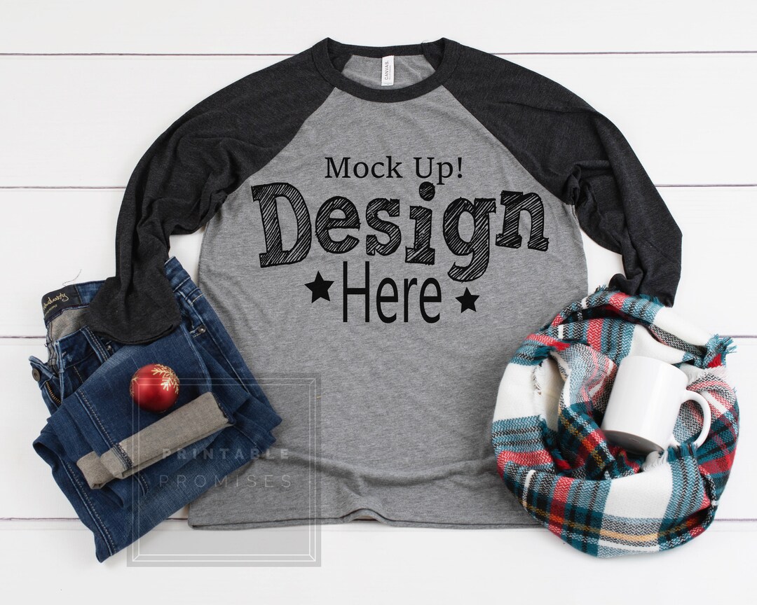 Christmas Mockup Raglan Mockup Bella Canvas 3200 Grey Charcoal - Etsy