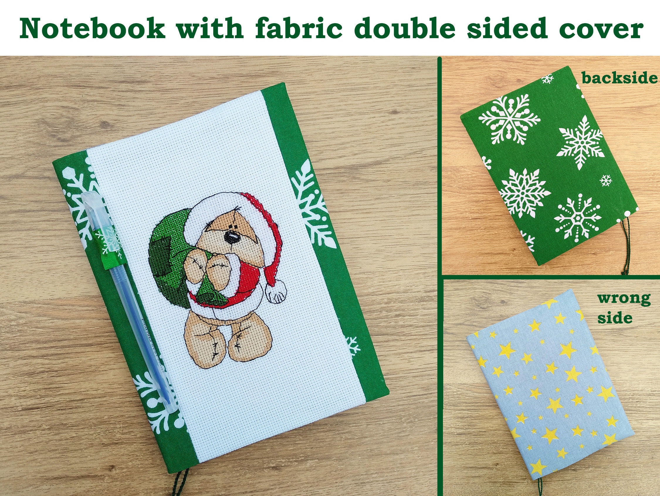 Xmas notebook double sided fabric cover hand embroidery | Etsy