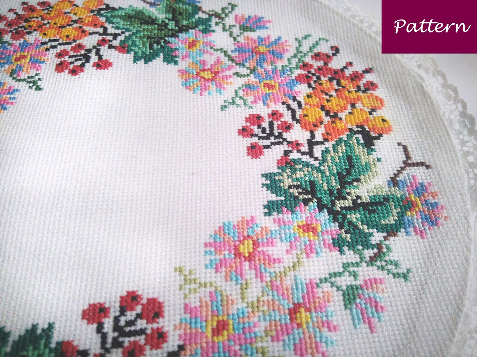 Oval Tablecloth – Colorful Cross Stitch Pattern – Wreath of Flowers ...