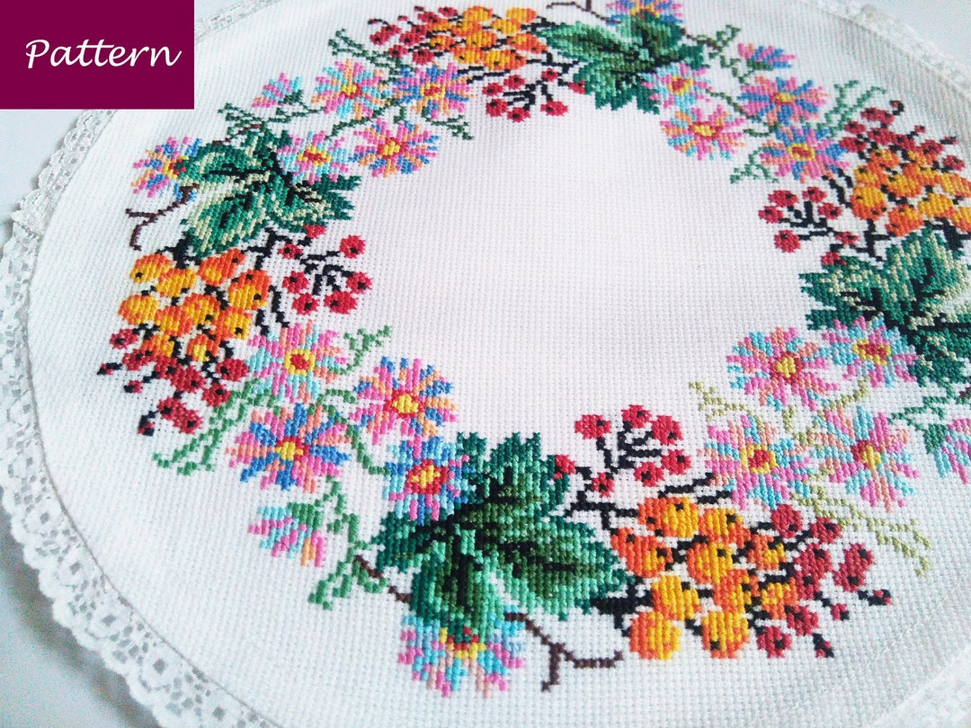 Oval Tablecloth – Colorful Cross Stitch Pattern – Wreath of Flowers ...
