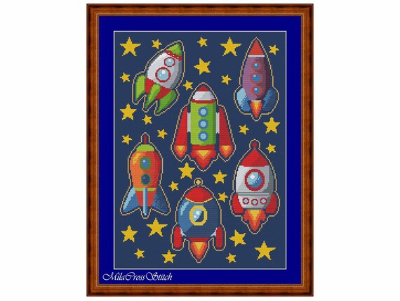 Space Rockets Cross Stitch Pattern Kids Room DIY Decor | Etsy