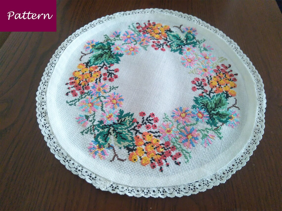 Oval Tablecloth – Colorful Cross Stitch Pattern – Wreath of Flowers ...