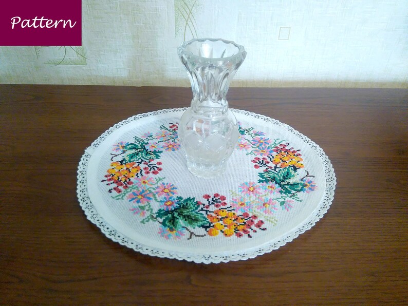 Oval Tablecloth – Colorful Cross Stitch Pattern – Wreath of Flowers ...