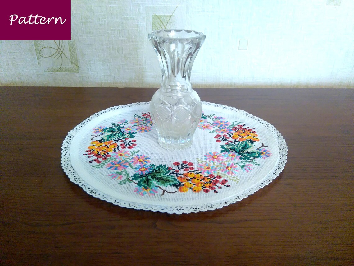 Oval Tablecloth – Colorful Cross Stitch Pattern – Wreath of Flowers ...