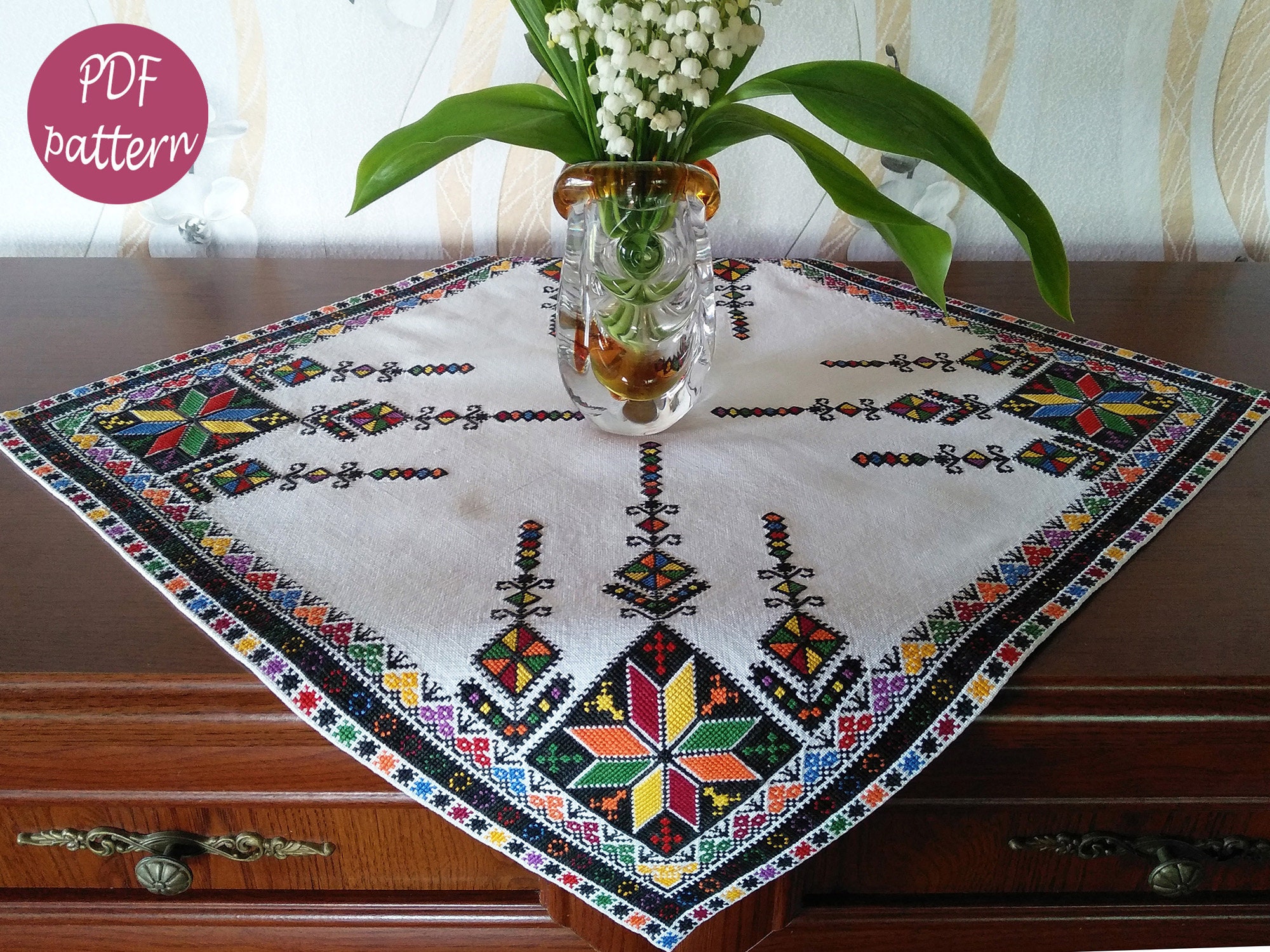 Folk Tablecloth Cross Stitch Pattern Colorful Counted - Etsy
