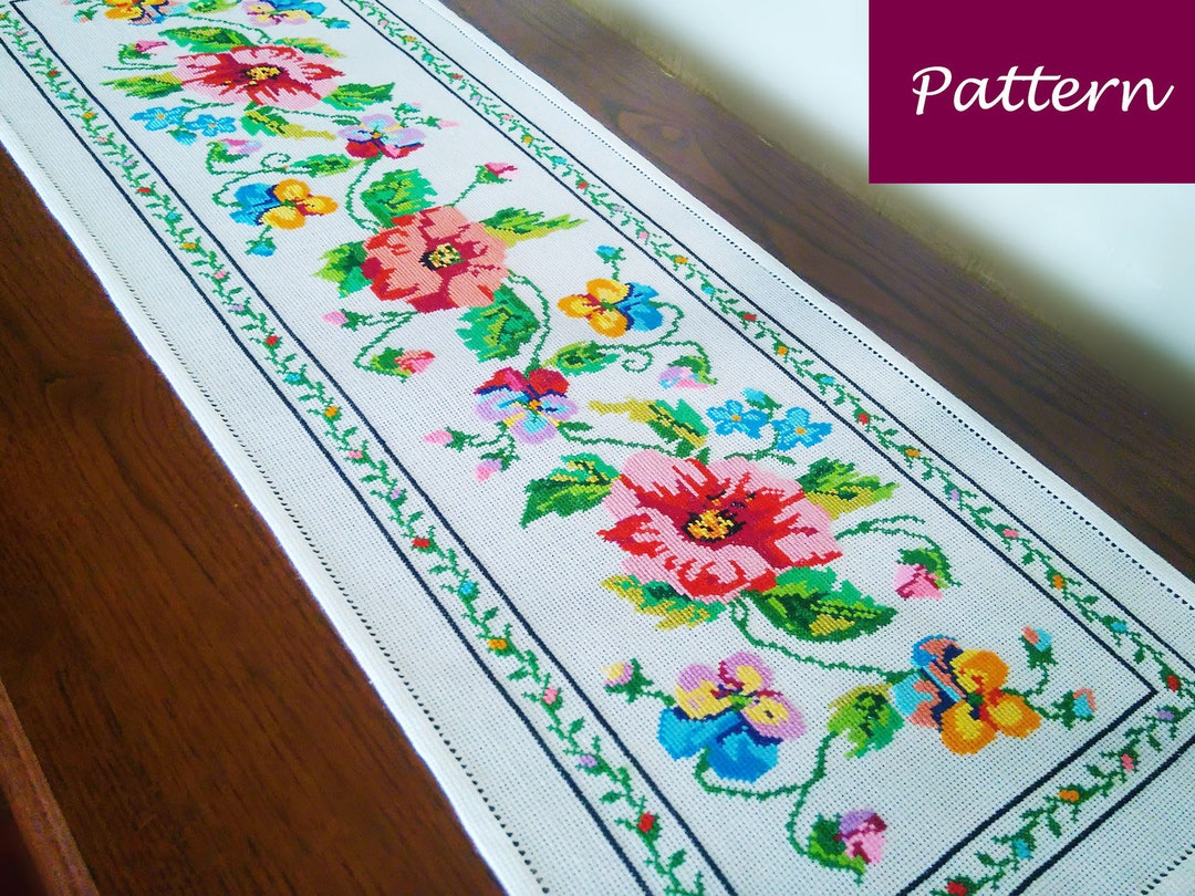 Cross Stitch Pattern – Colorful Tablecloth With Flowers – DIY Table ...