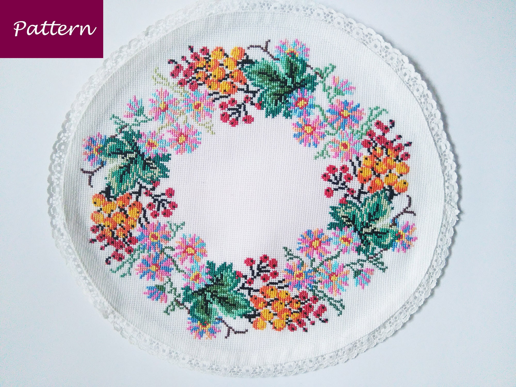Oval Tablecloth – Colorful Cross Stitch Pattern – Wreath of Flowers ...