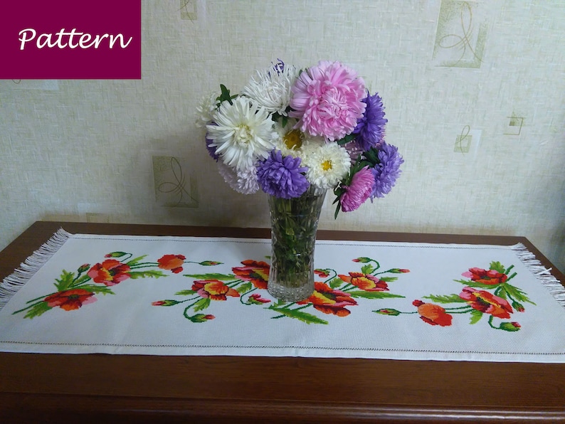 Tablecloth Cross Stitch Pattern – Rectangular Table Runner With Poppies ...