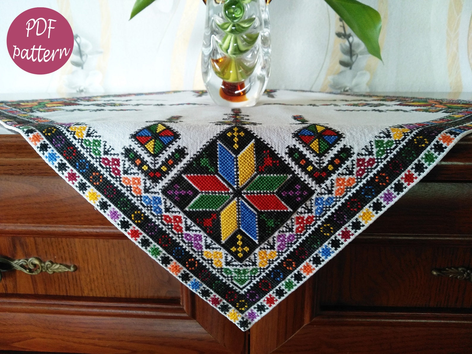 Folk Tablecloth – Cross Stitch Pattern – Colorful Counted Xstitch Chart ...