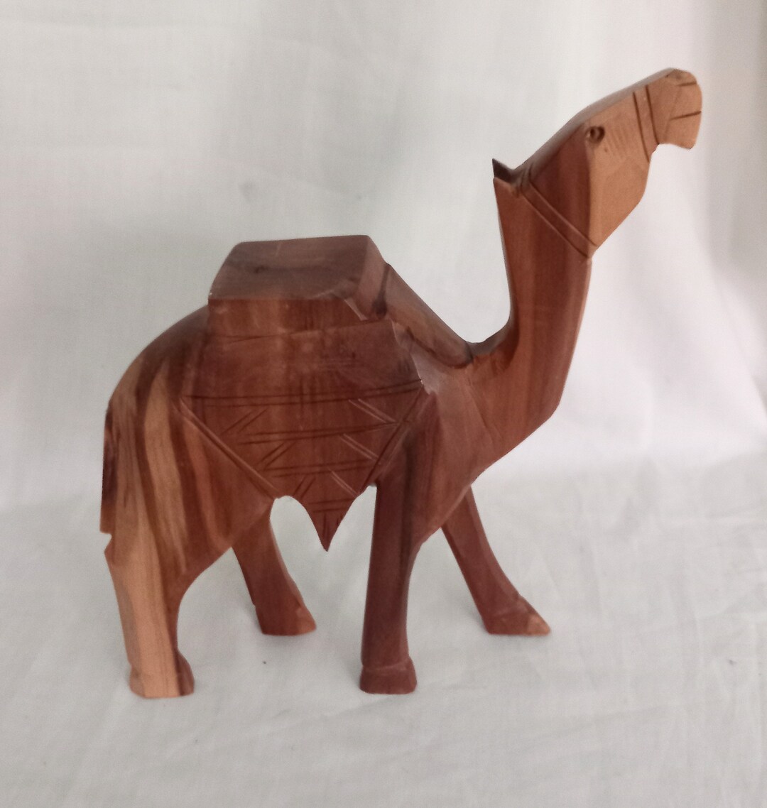 Vintage Hand Carved Camel Statue Figure Wood Treen 9.5" Candle Plant ...