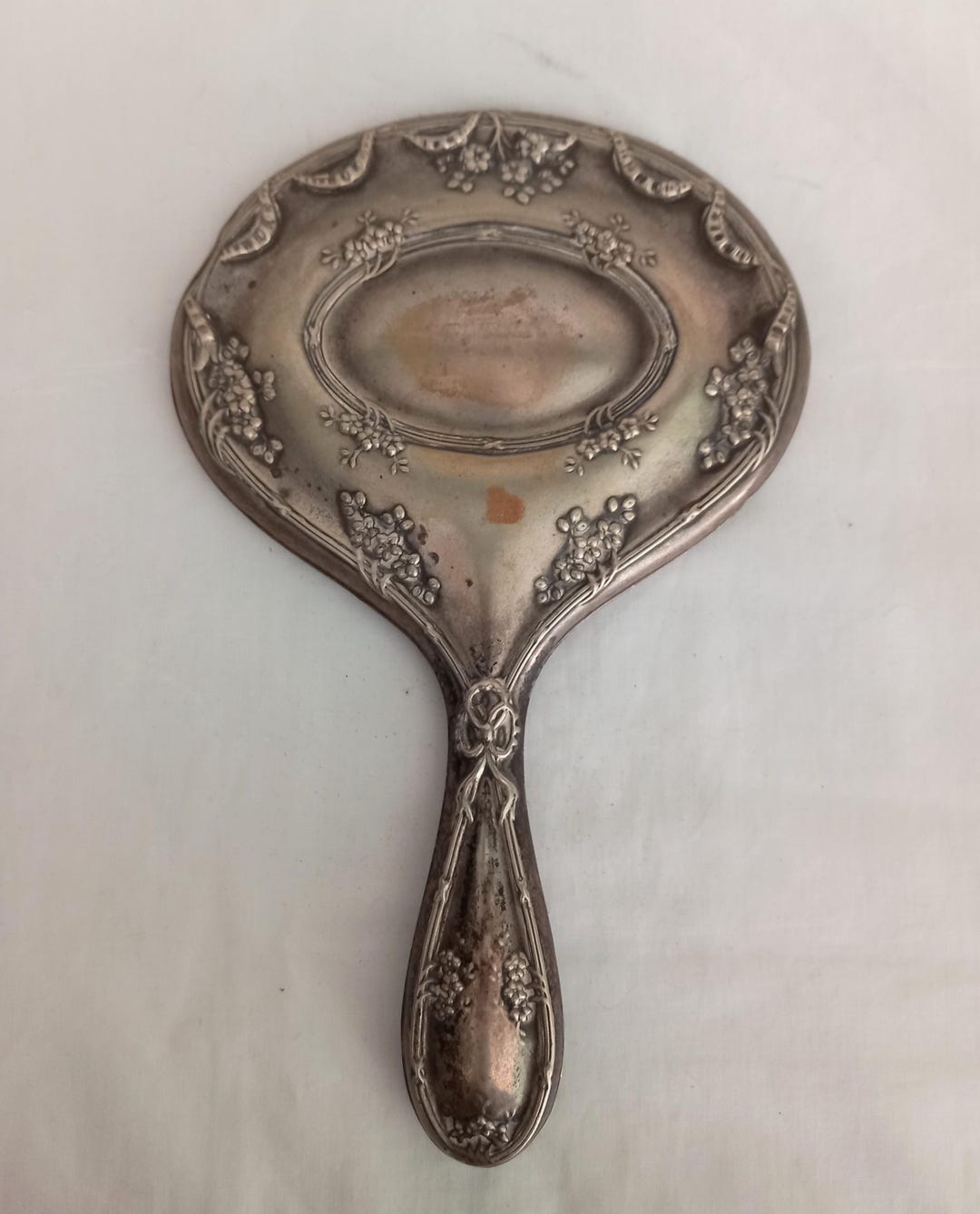 Victorian Hand Vanity Mirror in Silver Plate Repousse Flower & Ribbon ...