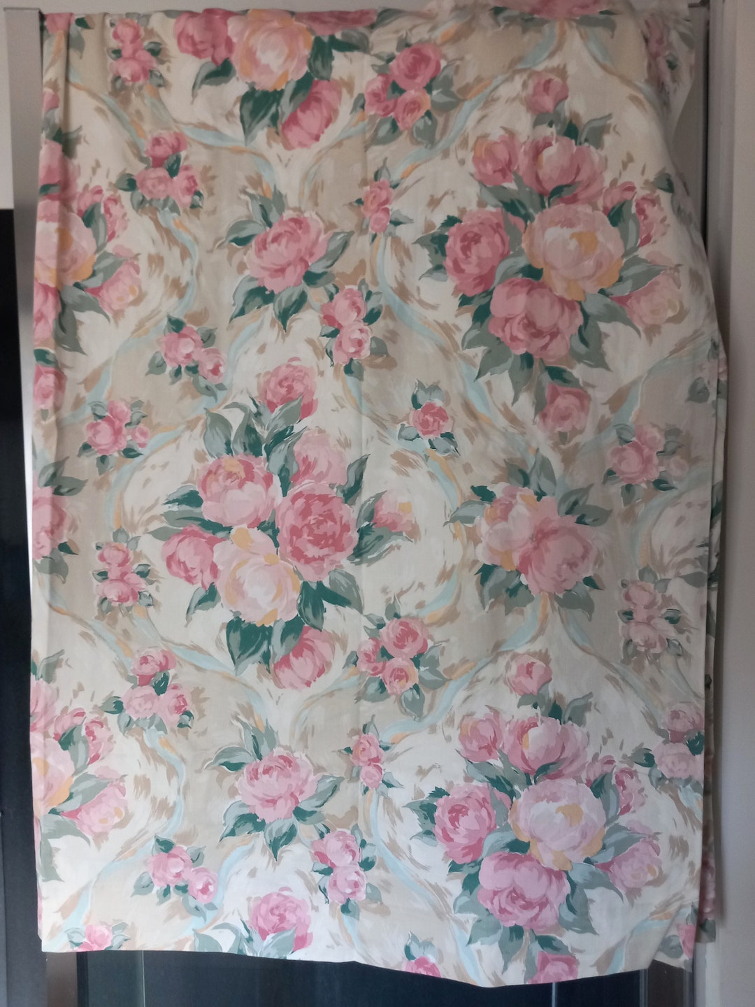 Vintage 1980s Dorma Pink Rose Flower Single Curtain 52" Vintage Fabric ...