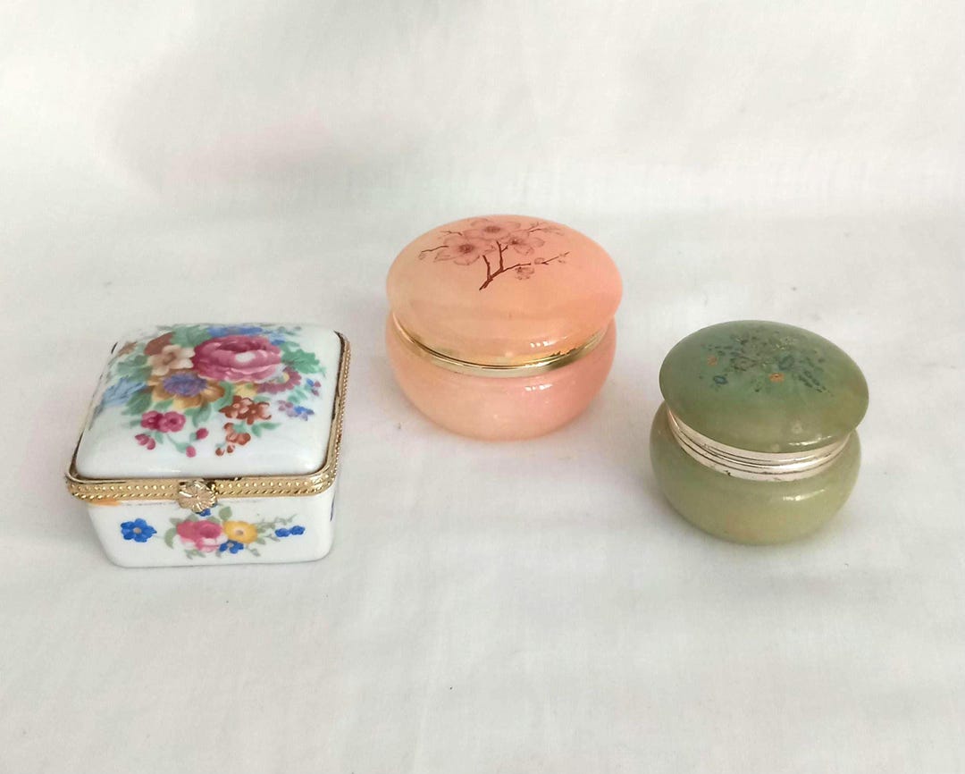Vintage Pink & Green Alabaster Stone Italian Trinket Pots Flower Design ...