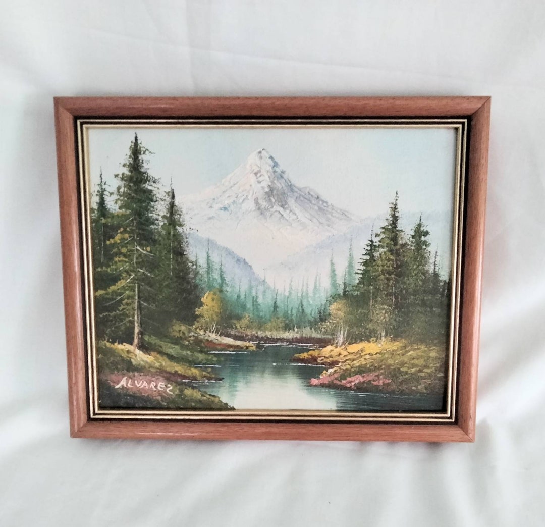 Vintage 1980s Small Oil Painting of Mountains River Trees in Wood Frame ...