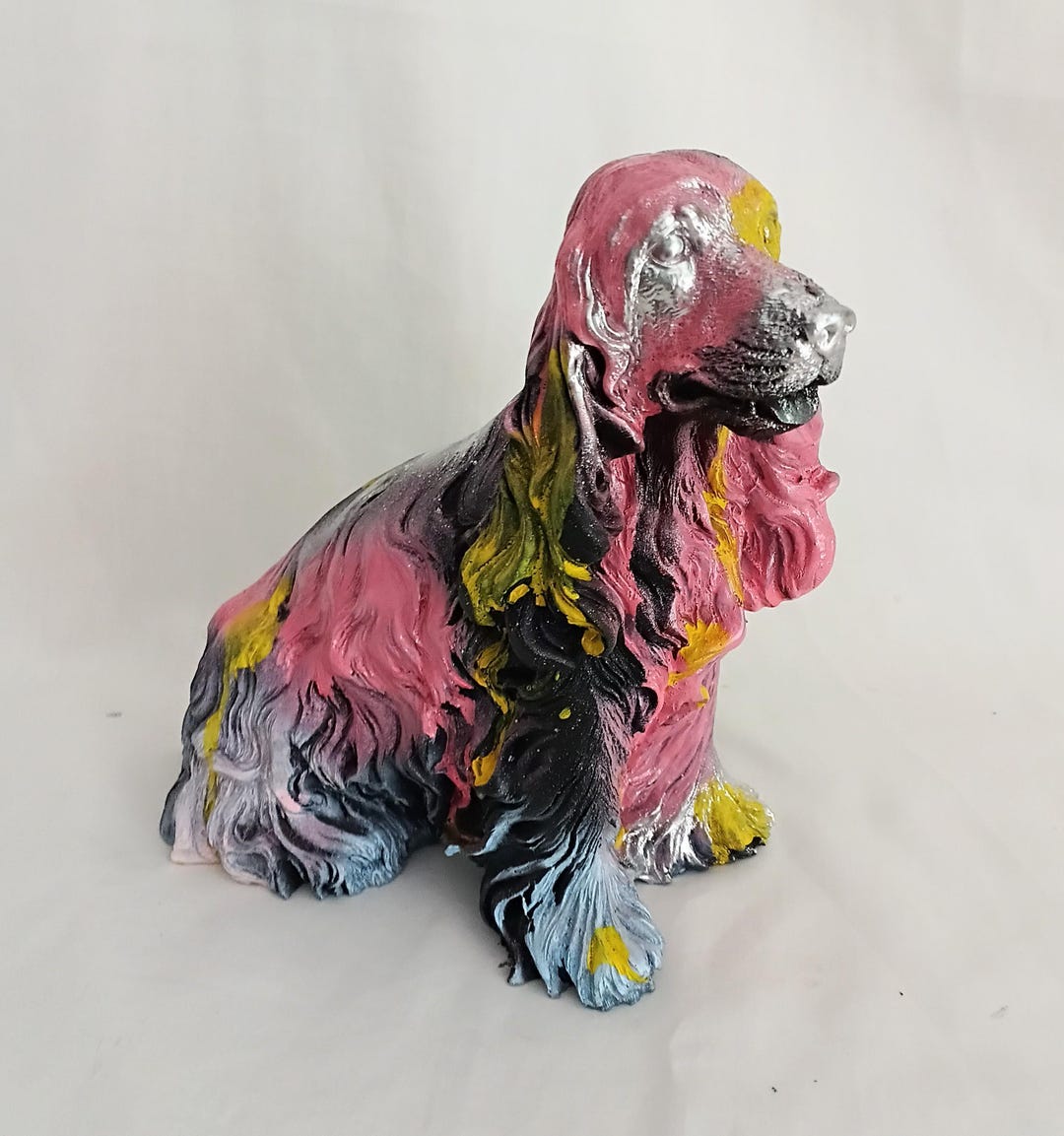 Hand Painted Paint Drip Spaniel Dog Statue Figure 6" Upcycled Pop Art ...
