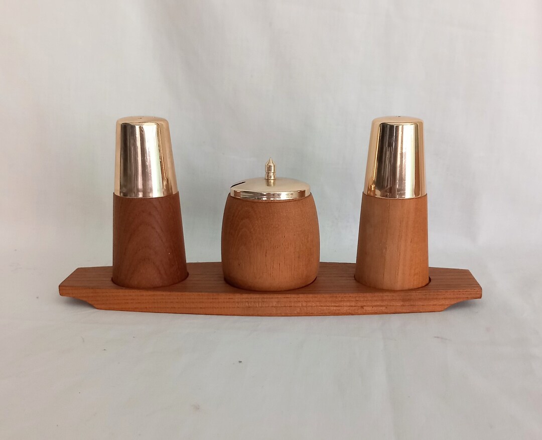 Vintage 1970s Teak Wood and Gold Metal Cruet Condiment Set Mid Century ...