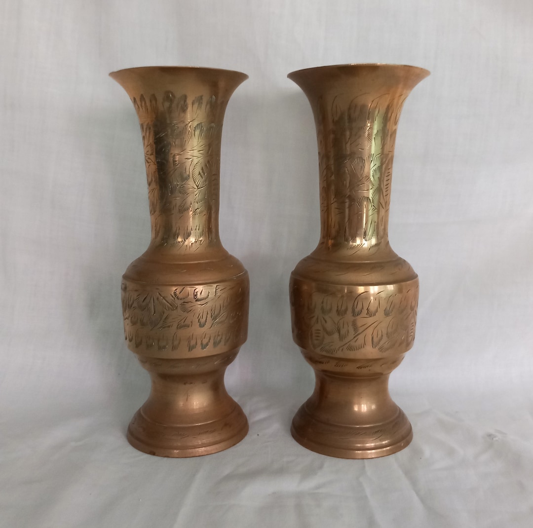 Pair of Vintage Indian Engraved Brass Vases 8" Metal Gold Flower - Etsy