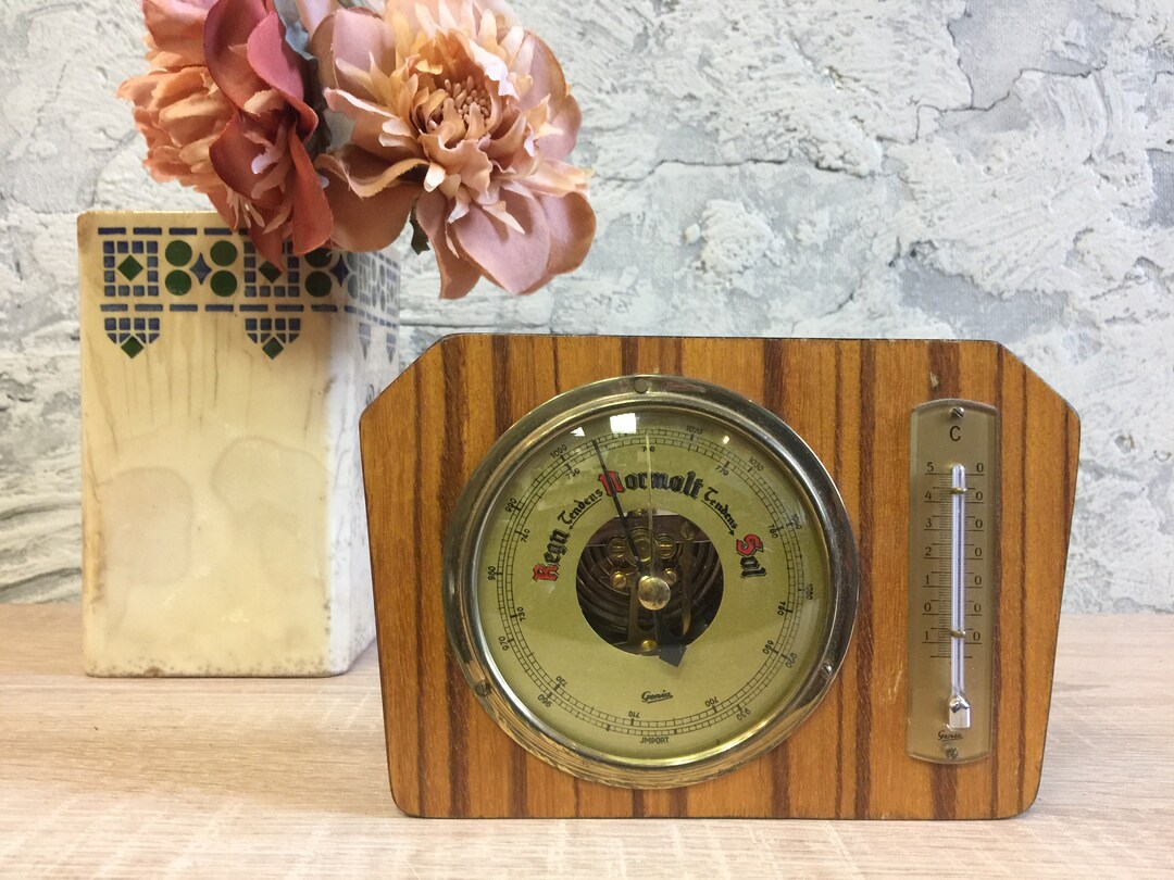 Vintage Wooden Desktop Barometer Hygrometer Thermometer Weather Station ...