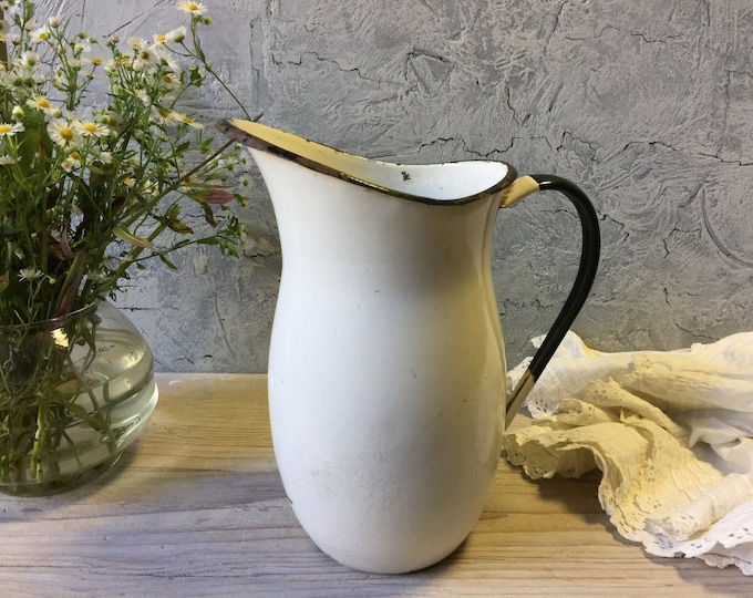 White Enamel Pitcher,vintage Jug, Kitchen Enamel Decor, Vintage Enamel ...