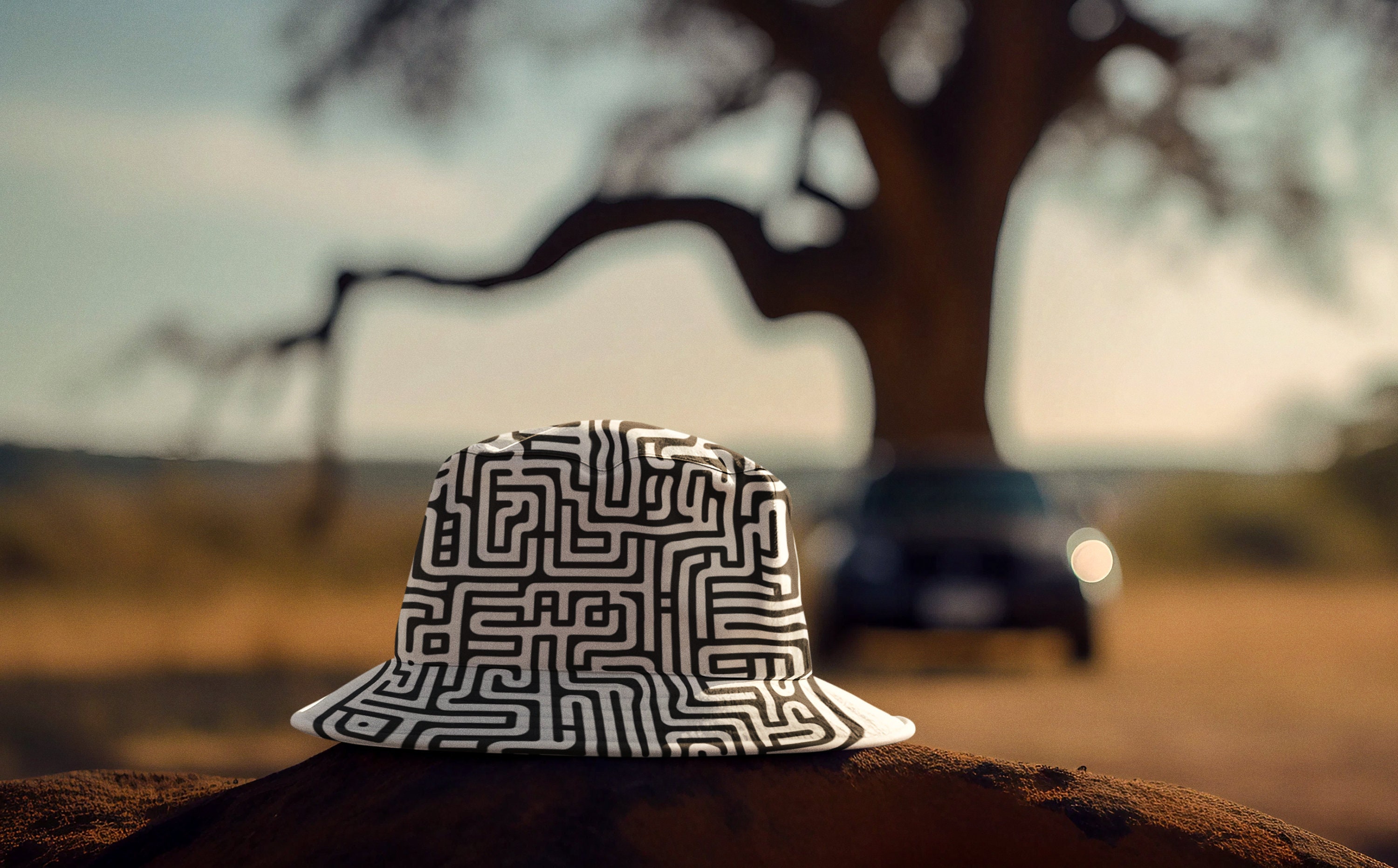 Black and White Bucket Hat Labyrinth Pattern Print All Over Print 100% ...