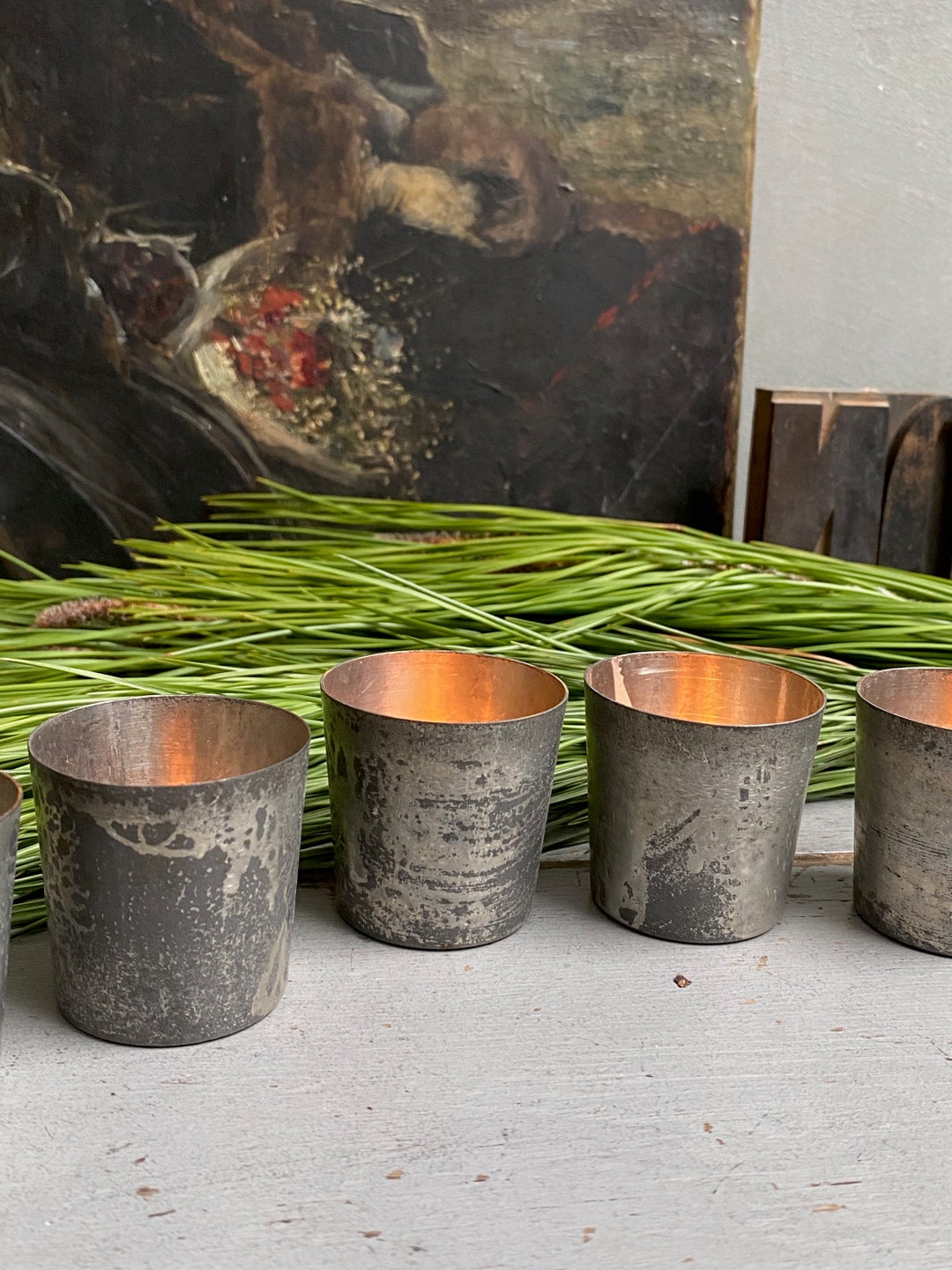 Series of 6 Small Metal Pots, Metal Cups, Patinated Tealights, Candle ...