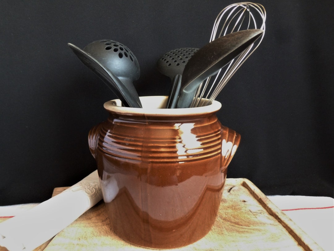 Old Enamelled Sandstone Pot, Brown Glaze Enamelled Candied Jar, French ...