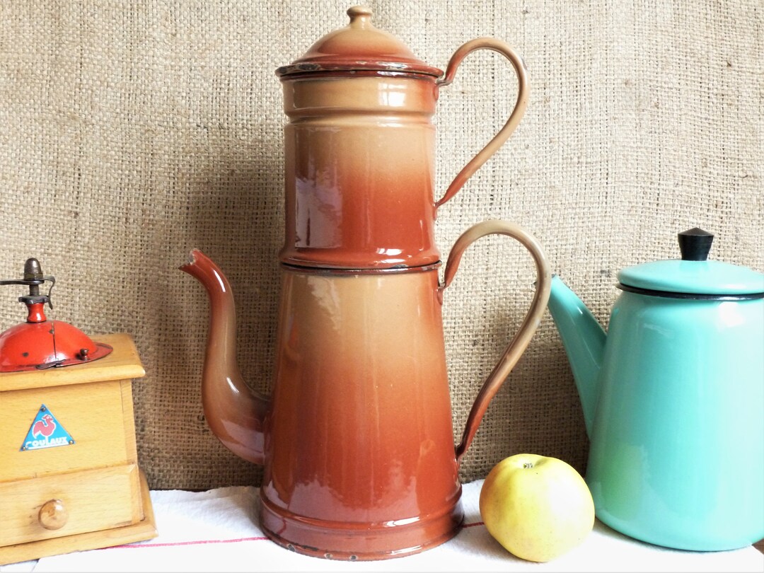Large Enamel Coffee Maker, Vintage Coffee Jug, 1900s Metal Kitchen Pot ...