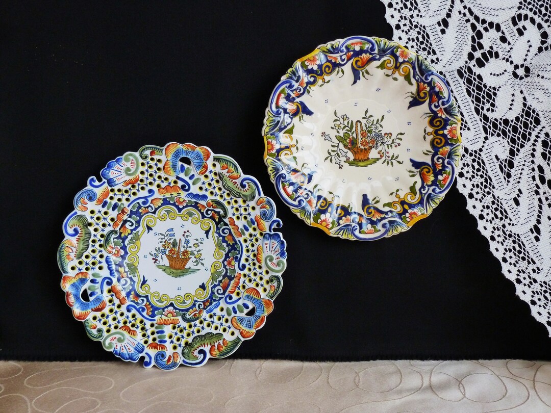 2 Decorative Wall Plates From Rouen, Hand-painted Floral Decoration ...