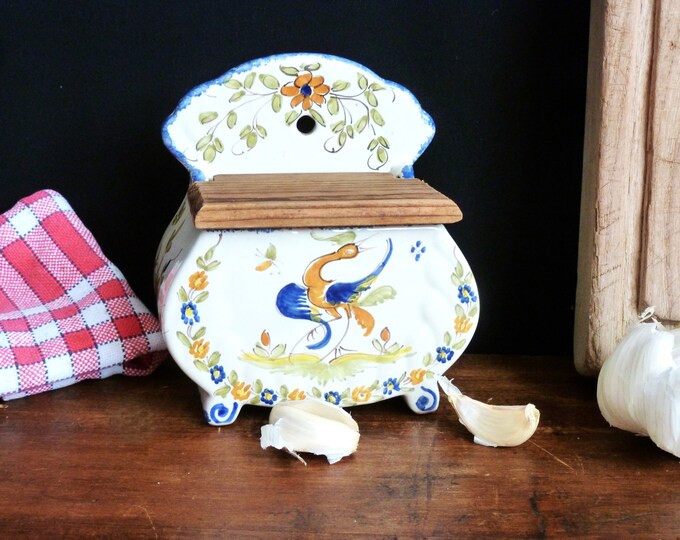 Vintage Salt Box With Moustiers Flower Decor, Ceramic Stoneware Salt ...