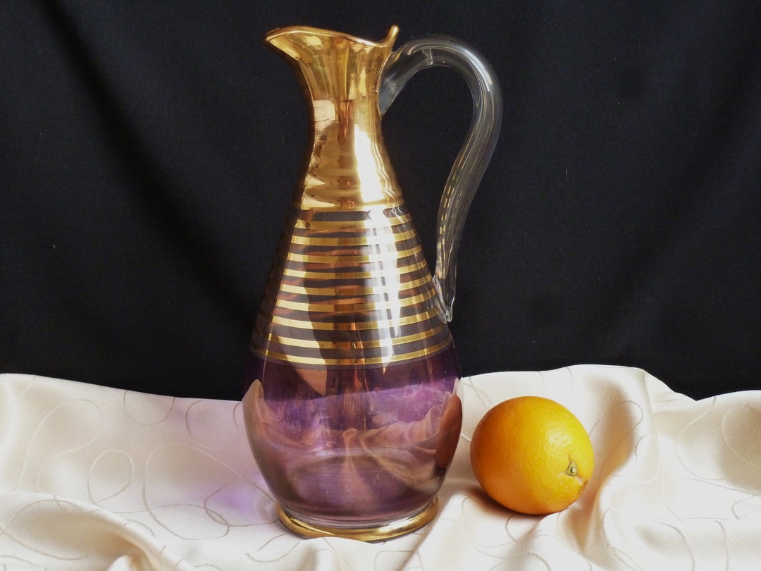 Vintage Purple and Gold Table Pitcher, Pink Glass Water or Wine Pitcher ...