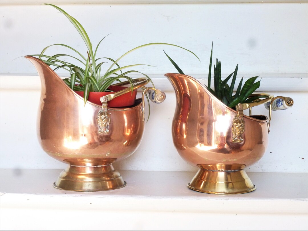 Round Copper Planters, Antique Copper Coal Bucket, Copper Cachepot ...