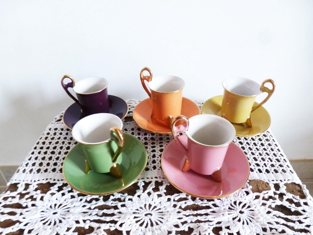 Set of 5 Pastel and Gold Colored Coffee Cups, Multicolored Ceramic ...
