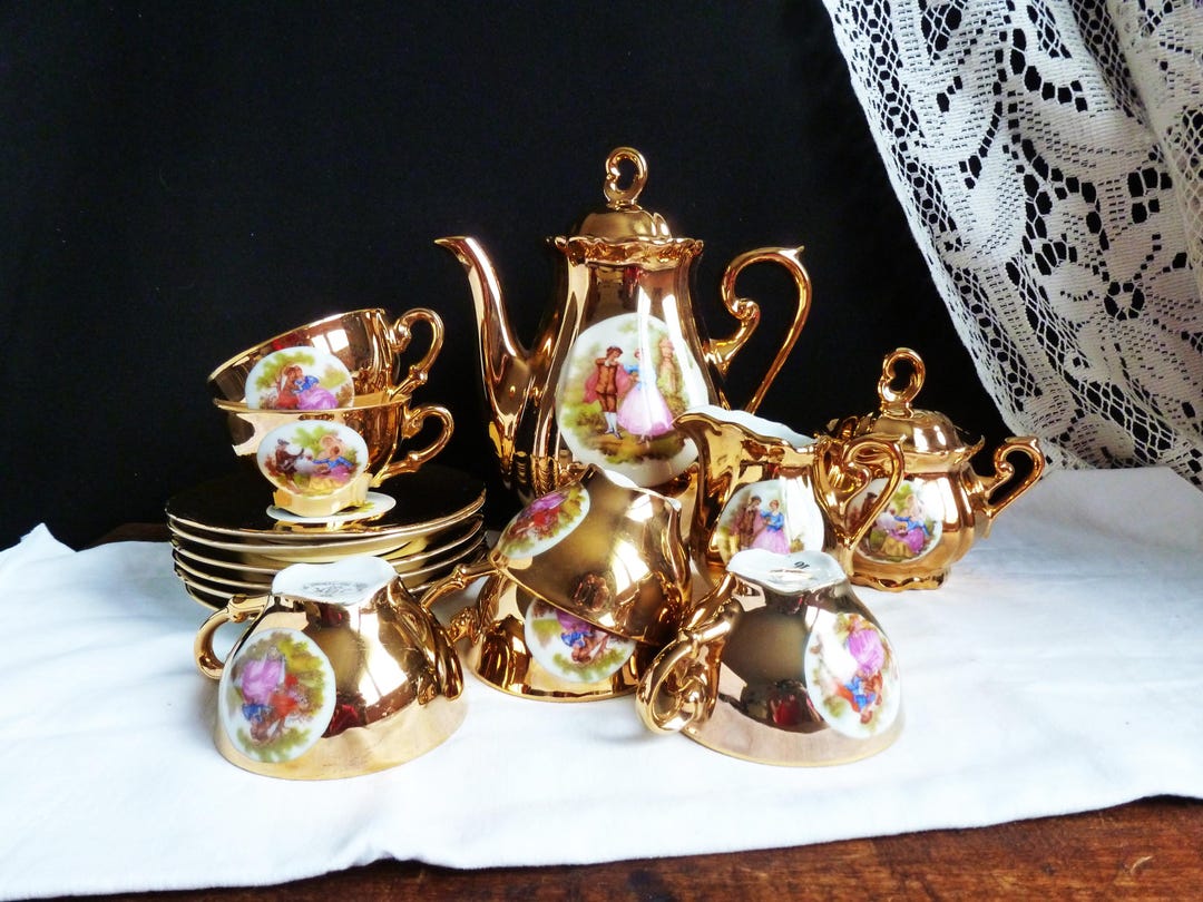 German Porcelain and Gold 15 Pieces Coffee or Mocha Set, Porcelain and ...