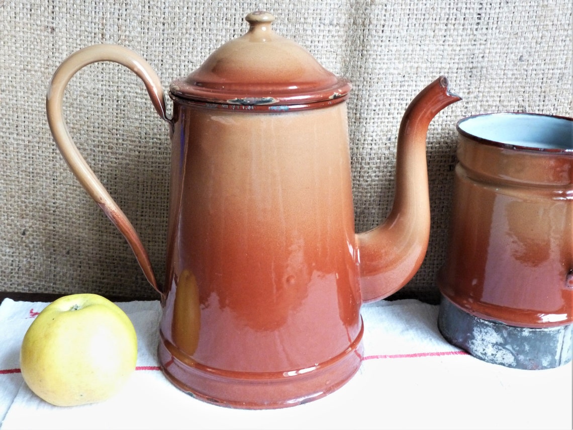 Large Enamel Coffee Maker, Vintage Coffee Jug, 1900s Metal Kitchen Pot ...