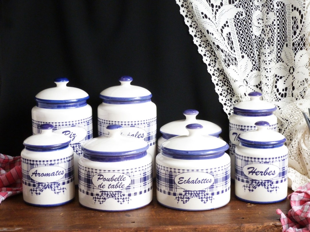 2 Blue and White Art Deco Ceramic Kitchen Jars, Vintage Spice Jars ...