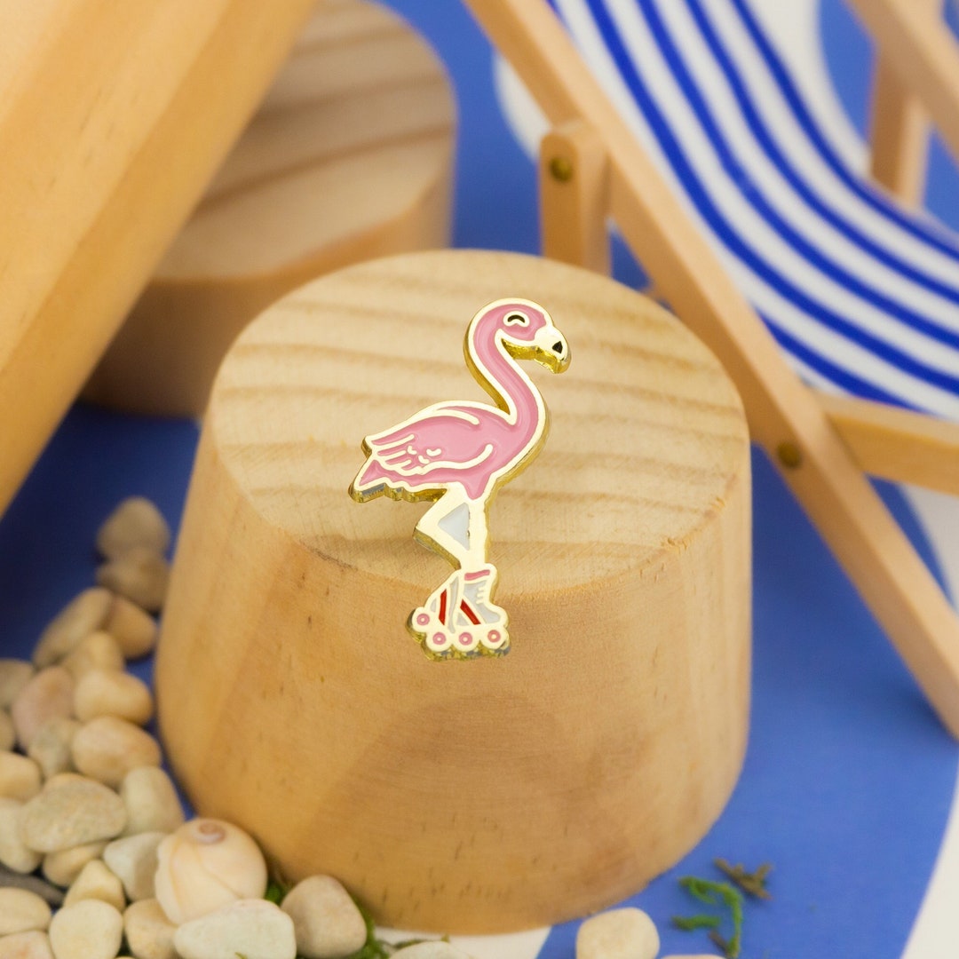 Tropical Flamingo Skater Enamel Pin - Pink Flamingo in Roller Skates on ...