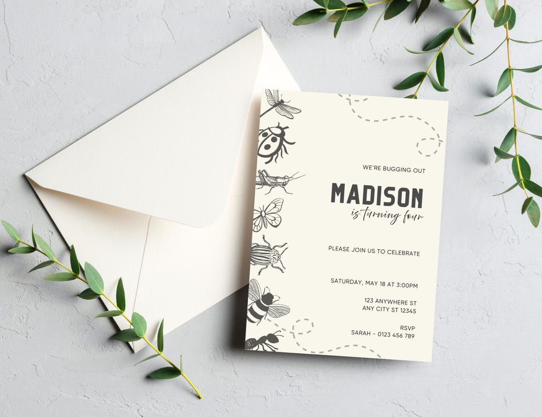 Bug Birthday Invitation, Hand-drawn Insects, Nature Party (canva ...
